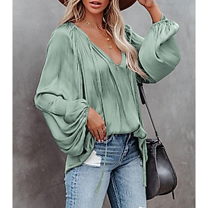 LAMISSCHE Womens Sexy Deep V Neck Blouse Lantern Long Sleeve Chiffon Shirt Oversized Drawstring Silk Satin Tunic(Light Green,XL)