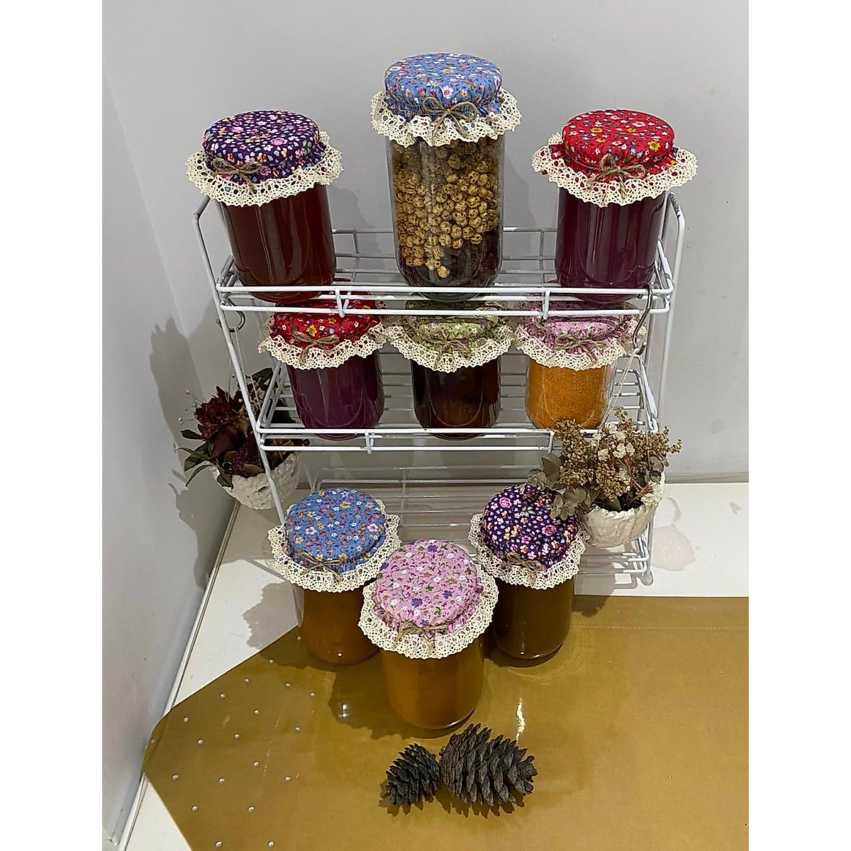 10 Pieces Elastic Jar Cover Cloth - 100% Cotton Jar Cover Cloth - Stretchy Colorful (Red,Blue,Yellow,Pink,Green) Flowered Pattern - Breathable Fermentation Lid Bowl - Reusable Elastic Cloth Jar Covers