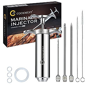 JY COOKMENT Meat Injector Syringe - Flavor Injector with 3 Stainless Steel Professional Needles;2pcs Cleaning Brush for BBQ Grill Smoker 2-oz Large Capacity Barrel