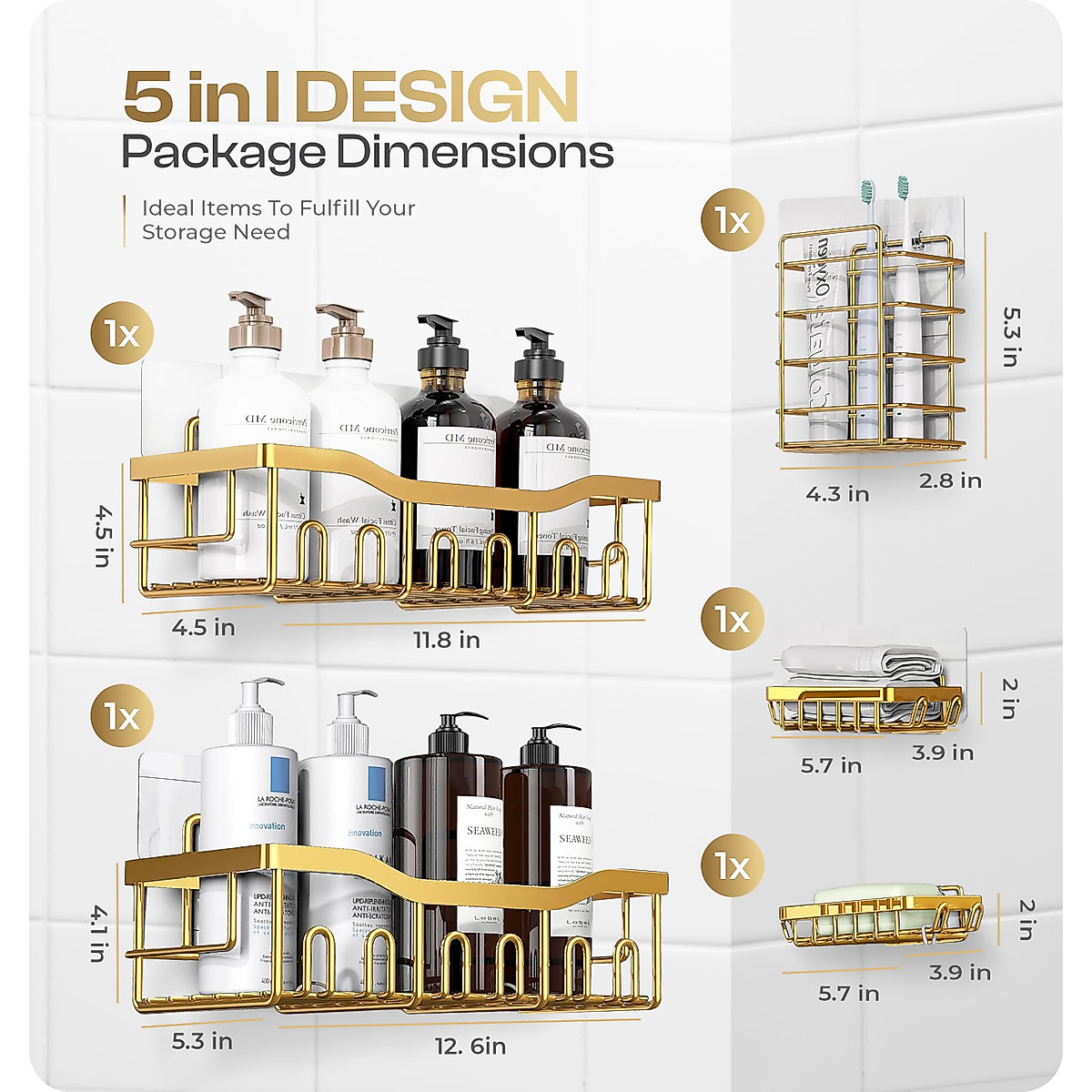 Luxury Style Stainless Steel Shower Caddy Set - Rustproof, Durable, and Adhesive Hanging Bathroom Organizer Kit with 5 Pieces | Shower Caddy Organizer | Bathroom Decor (Luxury Gold)