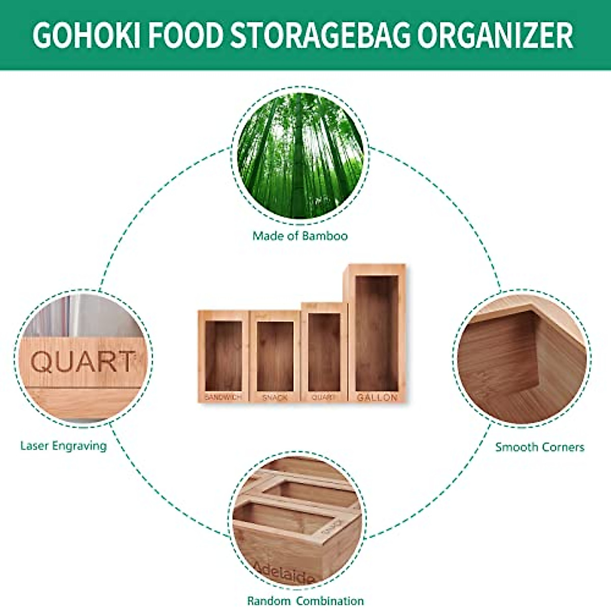Adelaide Ziplock Bag Storage Organizer For Kitchen Drawer, Bamboo Baggie Holder, Compatible With Ziploc, Solimo, Glad, Hefty For Gallon, Quart, Sandwich And Snack Variety Size Bags(4 Piece Set)