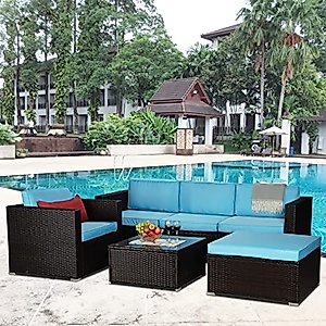 HomSof 6-Piece PE Rattan Wicker Sectional Cushioned Sofa Sets with 1 Red Pillow, Blue + Brown