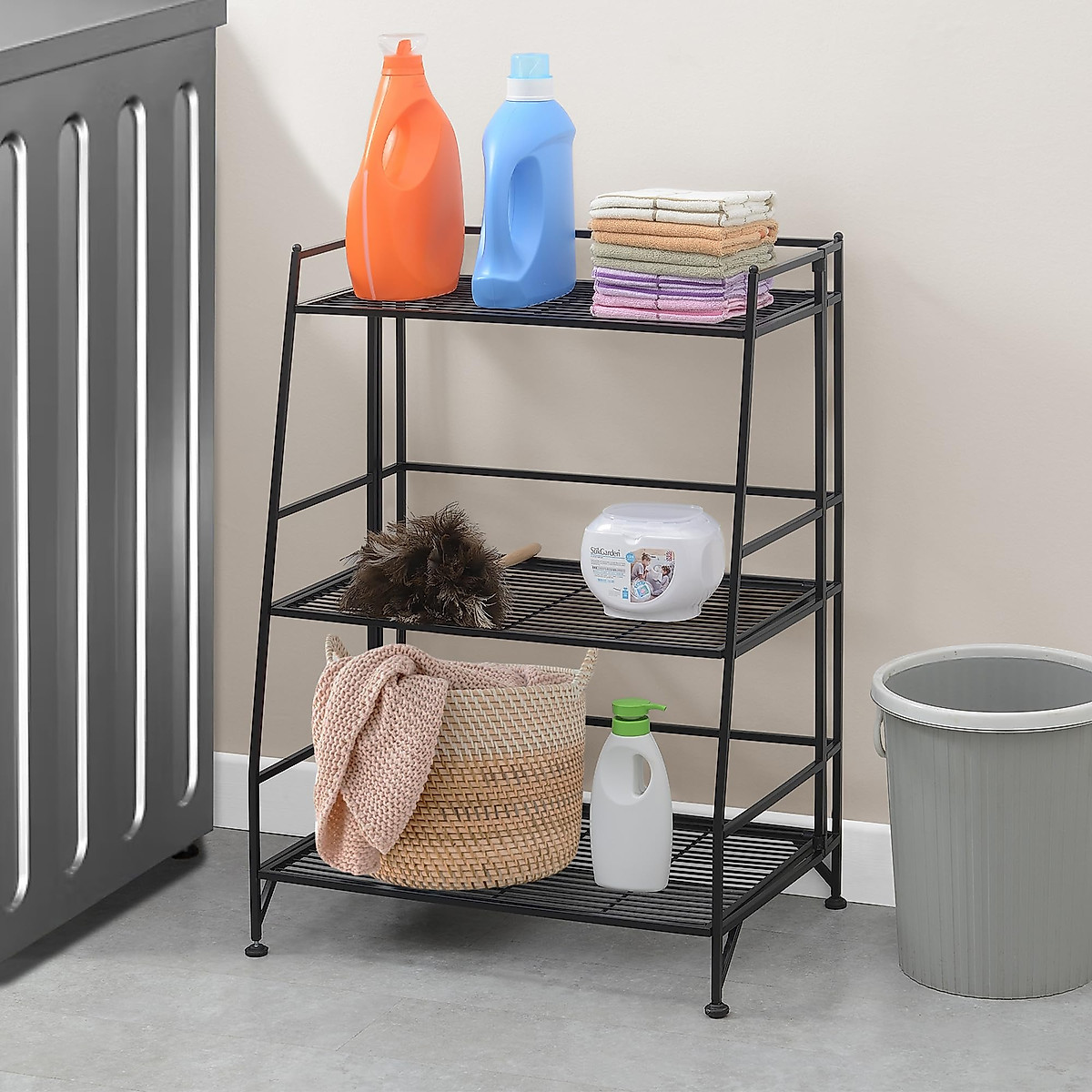 Convenience Concepts Xtra Storage Shelves - 3-Tier Ladder Folding Metal Shelving Organizer Stand, Modern Stands for Storage and Display in Living Room, Bathroom, Office, Den, Kitchen, Garage, Black