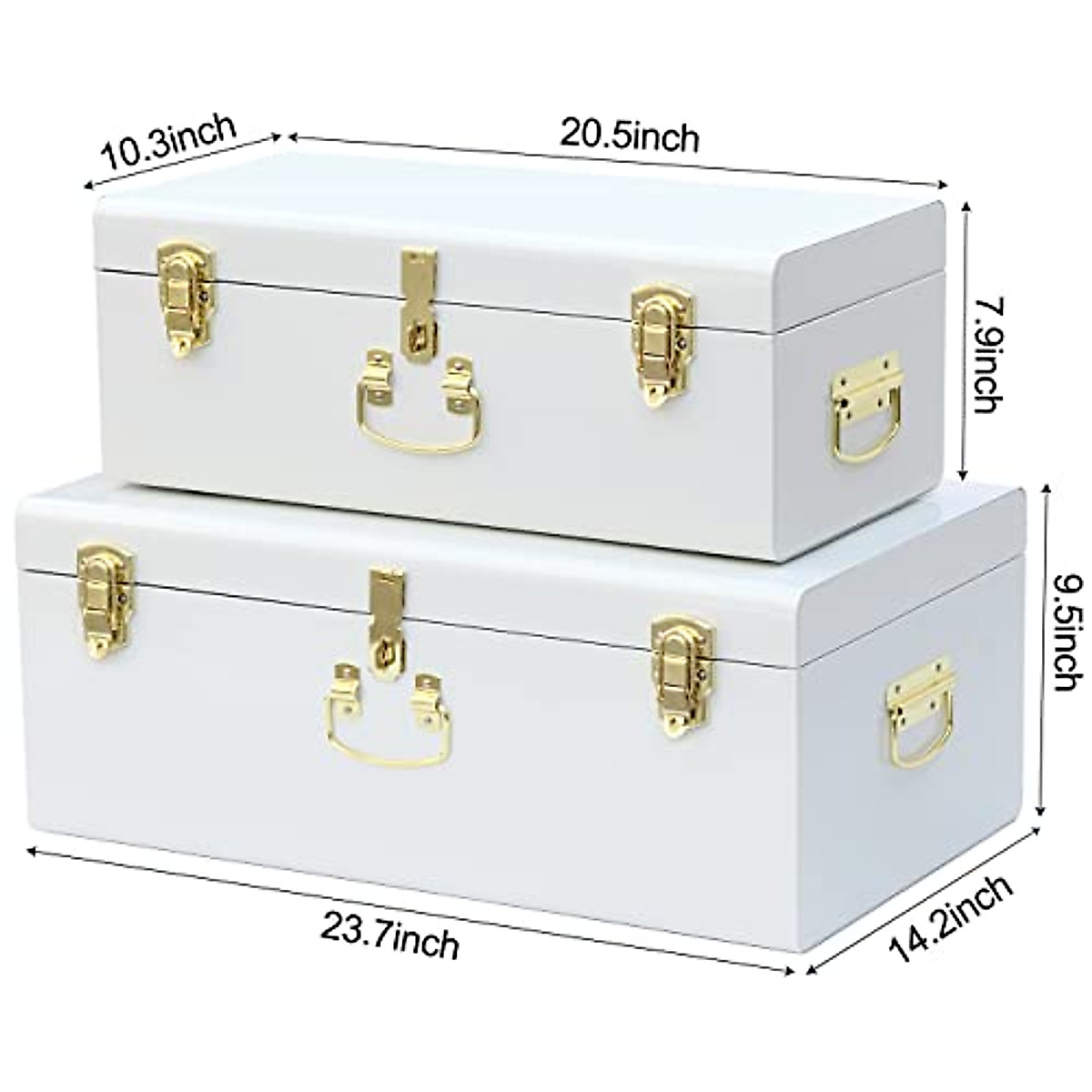 Vixdonos Decorative Metal Box Storage Trunks Set of 2 College Dorm Chest with Lock Hole,23.7X14.2X9.5 Inches(White)