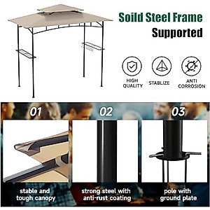 DikaSun Grill Gazebo 8 x 5 Double Tiered Outdoor BBQ Covering Canopy Shade for Patio Barbecue Gazebo Backyard Tent Shelter and 10 Hooks(Sand)