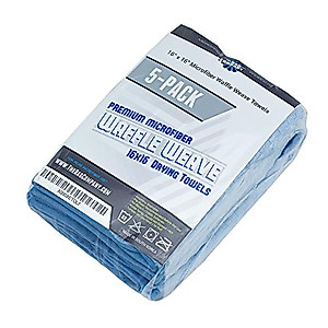 The Rag Company - Dry Me A River - Professional Korean 70/30 Blend Microfiber Waffle-Weave Drying & Detailing Towels, Soft Suede Edges, 390gsm, 16in x 16in, Light Blue (5-Pack)