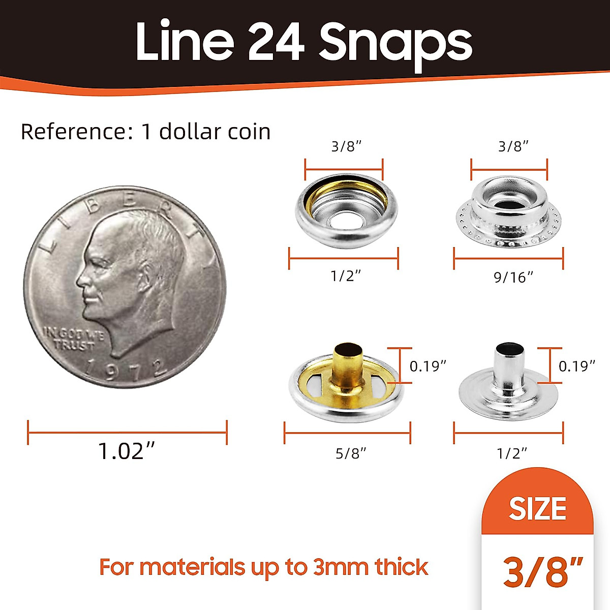 HAPDEN 160 pcs snap Buttons,snap Fasteners kit 15mm Stainless Steel Snaps Marine Grade Boat Canvas Snaps,3/8" Socket Metal Snaps for Clothing Leather Boat Cover Fabric (Regular)