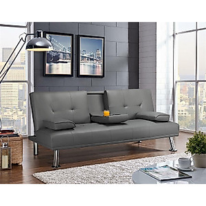 Futon Sofa Bed Modern Folding Couch for Small Space, Faux Leather Convertible Loveseat Sleeper Bed Daybed Recliner Lounge Sofas for Living Room,2 Cup Holders,Metal Legs,Removable Armrests (Gray)