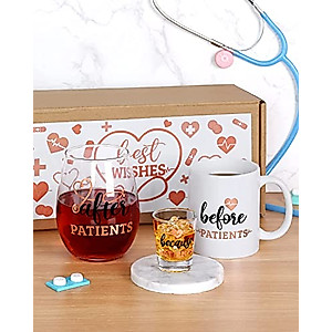 Levfla Before Patients After Patients Set Nurse Gifts 11 oz Coffee Mug 18 oz Stemless Wine Glass 2 oz Shot Glass Set for Nurse, Doctor, Dentist, Dental, Physician, Hygienist, RN (Rose Gold)
