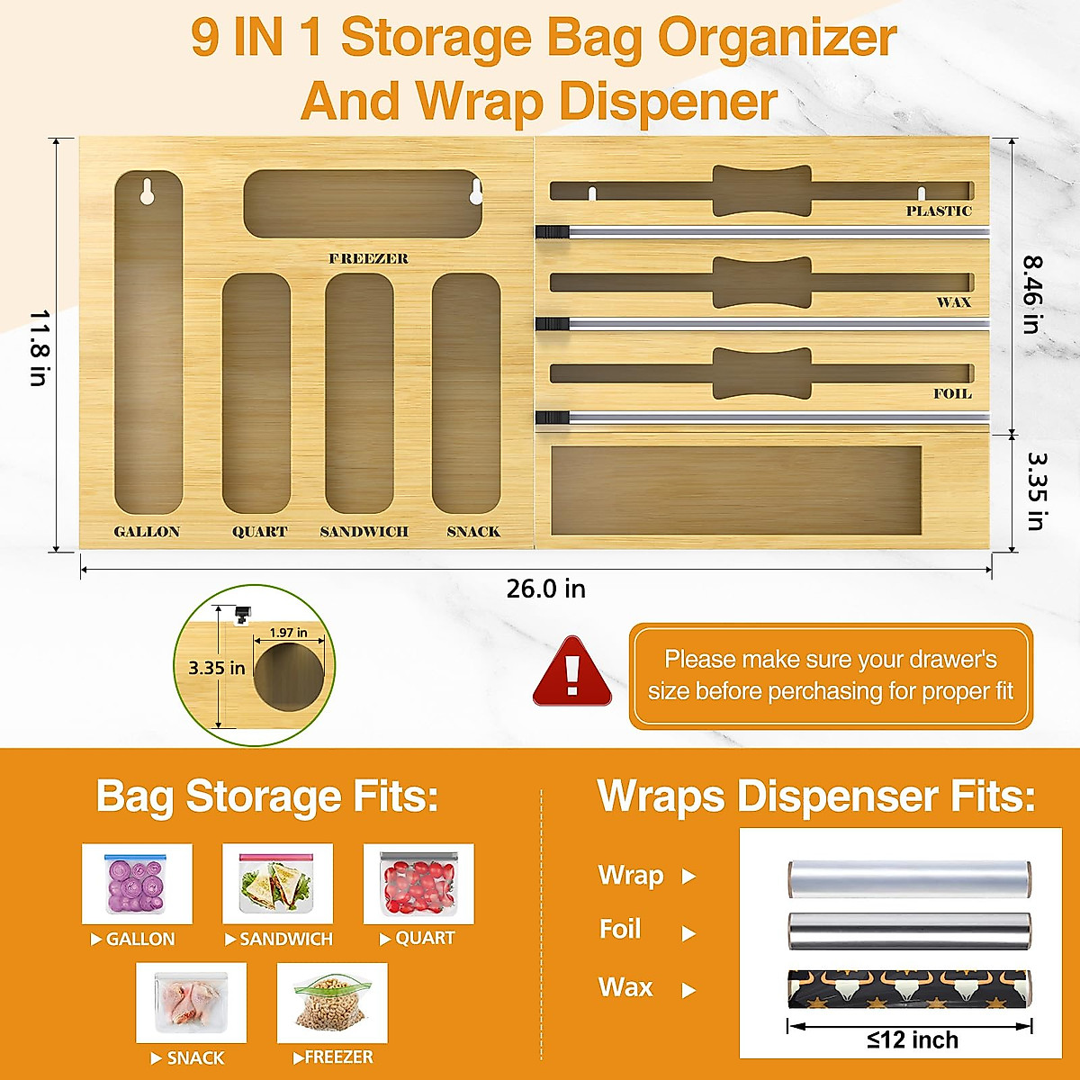 HOSTENU Storage Bag Organizer for Kitchen Drawer, 9 in 1 Foil and Plastic Wrap Dispenser with Cutter, Bamboo Plastic Baggie Organizer for Gallon, Quart, Sandwich, Snack & 12"" Rolls, Orange