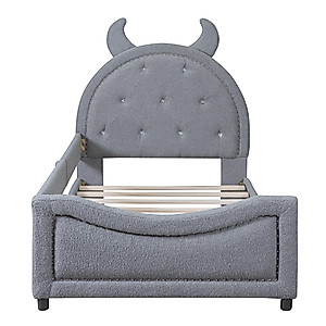 FANYHOME Twin Size Upholstered Daybed with OX Horn Shaped Headboard, Modern Low Profile Bed with Sturdy Wooden Slats Support, Wooden Daybed Frame for Living Room, Bedroom,Guest Room,Gray