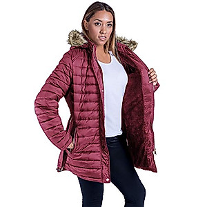 Facitisu Womens Winter Warm Jacket Long Down Faux Fur Hooded Quilted Sherpa Lined Coat (Wine, L)