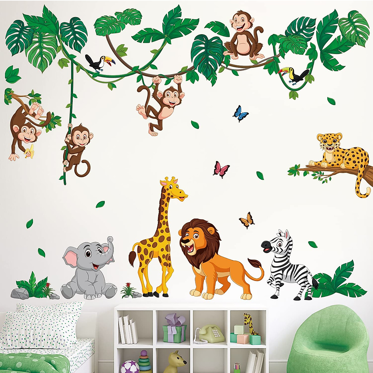 DECOWALL DSL-8069 Jungle Animal Cartoon Wall Decals Elephant Monkey Giraffe Lion Forest Stickers for Kids Baby Nursery Bedroom Playroom Living Room Decor DIY Art