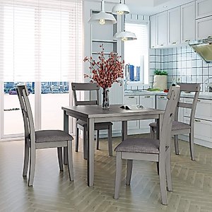 Aprilsoul 5 Piece Set Industrial Wooden Table and 4 Chairs, with High-Density Foam Burlap Upholstered Cushions for Dining, Living Room, and Kitchen, Easy to Assemble, Grey, 5-Pice