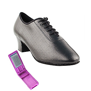 Very Fine Dance Shoes - Ladies Practice, Cuban Low Heel, Waltz Ballroom Dance Shoes - C2001-1.6-inch Heel and Foldable Brush Bundle - Black Leather - 8.5