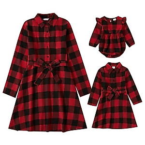 Mommy and Me Christmas Dresses Long Sleeve Green Red Black Buffalo Plaid Dress Fall Winter Santa Claus Xmas Holiday Party Gingham Mom Daughter Matching outfits Photoshoot Red Black Checkered 8-9 Years