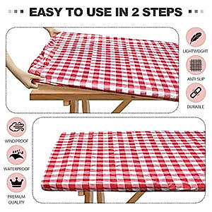 Senneny 3 PCS Fitted Picnic Table Cover and Bench Cover Set, 100% Waterproof Vinyl Tablecloth with Flannel Backing, Red and White Checkered, 30 x 72 Inch