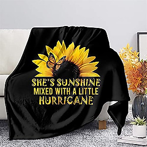 FUSURIRE Sunflower Quote Print Bed Throw Blanket Yellow Black Flannel Fleece Blanket for Bed Sofa Couch Living Room Soft Blanket, She’s Sunshine Mixed with Hurricane