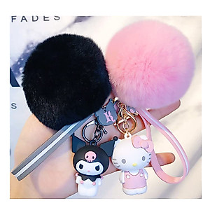 Tonsamvo Cute Keychains for Women/Girls, Kawaii Anime Pom Pom Key Chain Accessories Wristlet Keychain for Backpack Handbag Car Keys