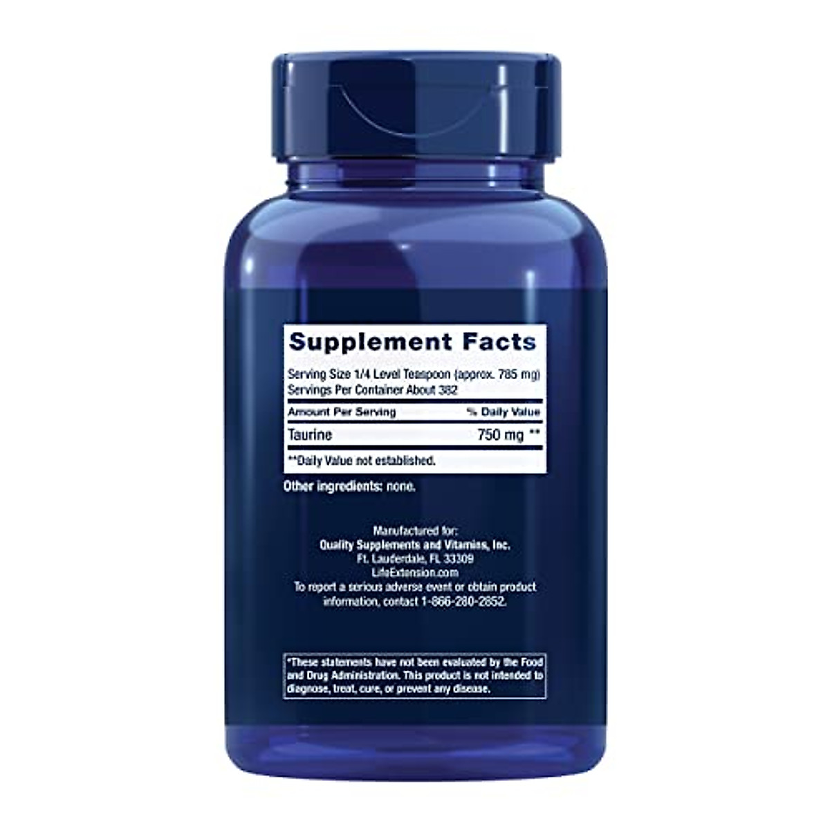 Life Extension Taurine Powder 750 mg - Pure Amino Acid Supplement for Heart, Liver, Nerve & Brain Health Support - Unflavored, Non-GMO, Gluten Free, Vegetarian - 382 servings, 10.58 Ounce