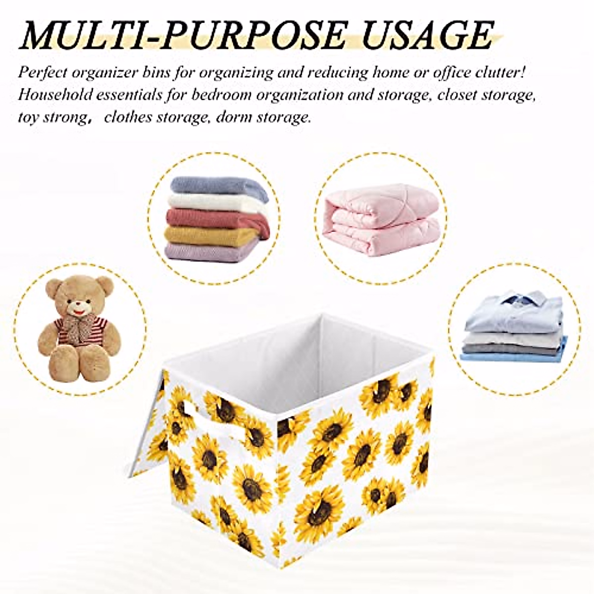 stargrass Foldable Storage Bin Fabric Decorative Storage Box with Lid and Handles,Flower Sunflower Yellow Collapsible Storage Basket 11.8x12.6x16.5 Inch