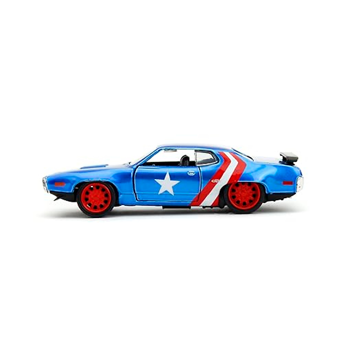 Jada 1972 Plymouth GTX Candy Blue with Red and White Stripes and Captain America Diecast Figure The Avengers Hollywood Rides Series 1/32 Diecast Model Car