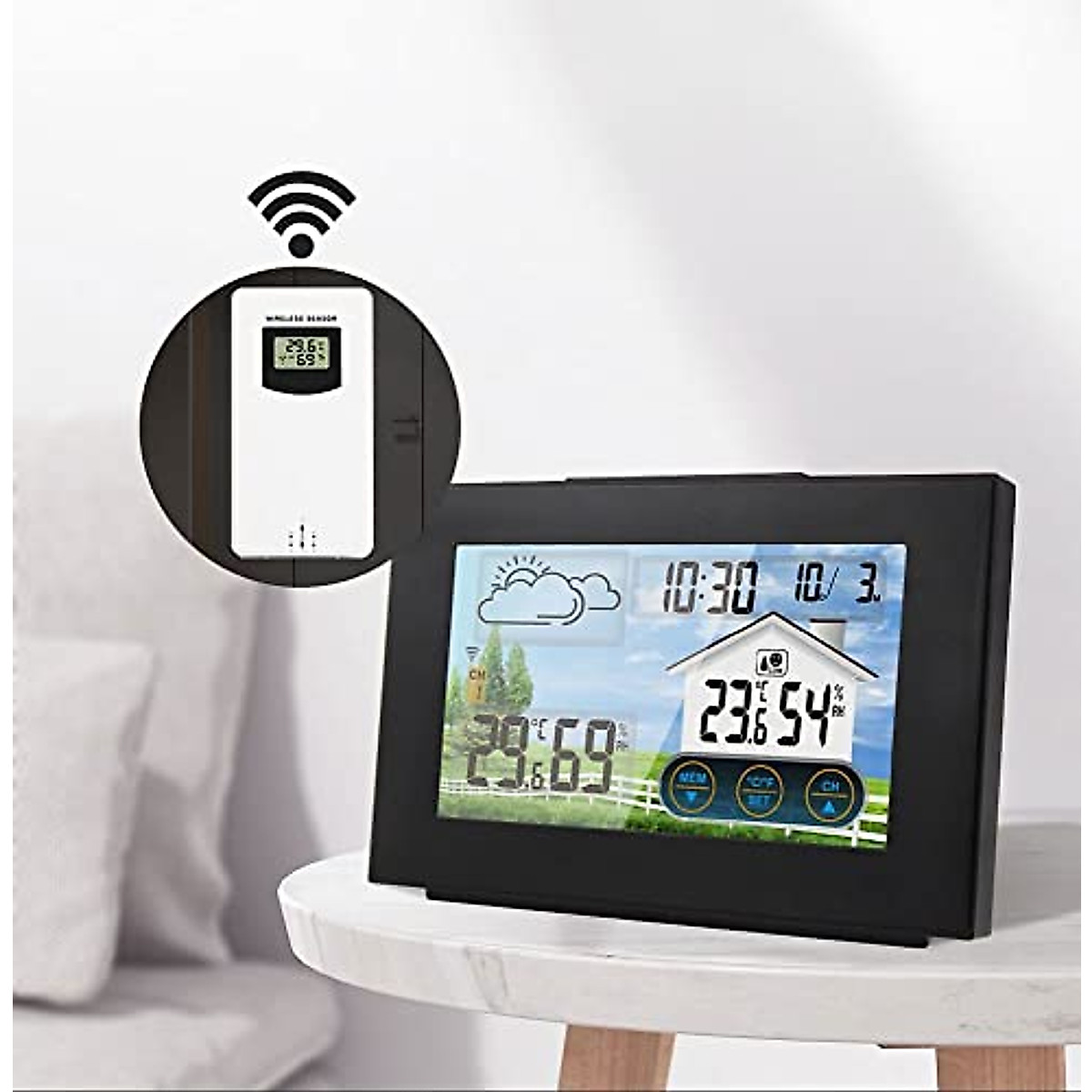 XARONF Weather Stations, Indoor Outdoor Weather Station, Home Weather Station Multiple Sensors with Atomic Clock, Indoor Outdoor Humidity Thermometer Monitor Digital Forecast Weather Stations, Black