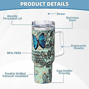 Xiexide 40oz Sweatproof Gifts Vintage French Dark Academia Cottage Butterfly Bird Double Walled Vacuum Insulatedith Handle And Straw,Hot & Cold Drinks