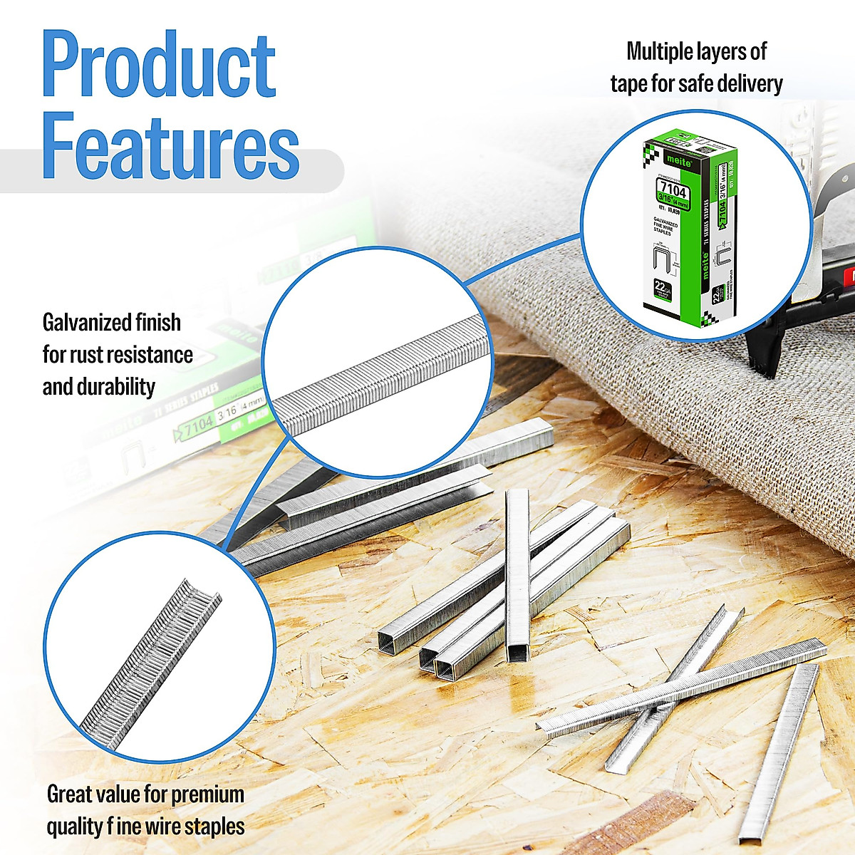 meite 22G71S316 22 Gauge 71 Series 3/8-Inch Crown 3/16-Inch Leg Length Galvanized Upholstery Staples for Fine Wire Staplers 10,020 pcs/Box (1 Box)