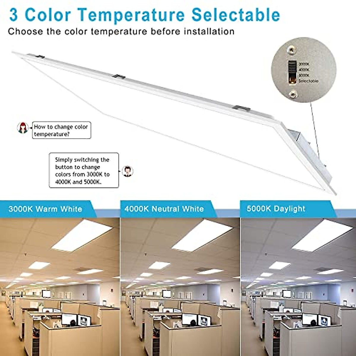 1x4 led Flat Panel Light,CRI90 3CCT 3000K/4000K/5000K Dimmable 0-10V, 8000LM,LED Light Drop Ceiling Fixture,Flat Panel Led Light,Ceiling Panels LED Troffer LED Lay for Office-Commercial Grade