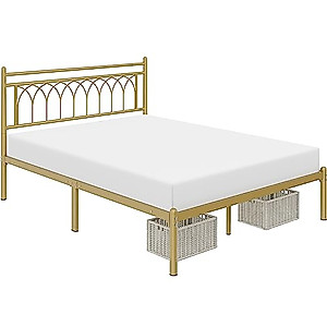Yaheetech Queen Size Bed Frame Metal Platform Bed with Petal Accented Headboard, Mattress Foundation with Spacious Underbed Storage,No Box Spring Needed, Easy Assembly Queen Bed Frame, Antique Gold