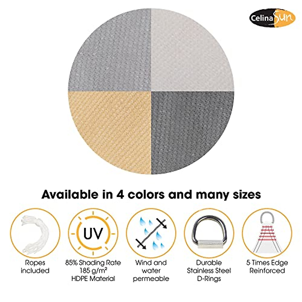 CelinaSun Sun Shade sail incl Fastening Ropes Square 12 x 12 ft Light Gray Premium Sun Shade Outdoor Weatherproof Breathable sail Shade