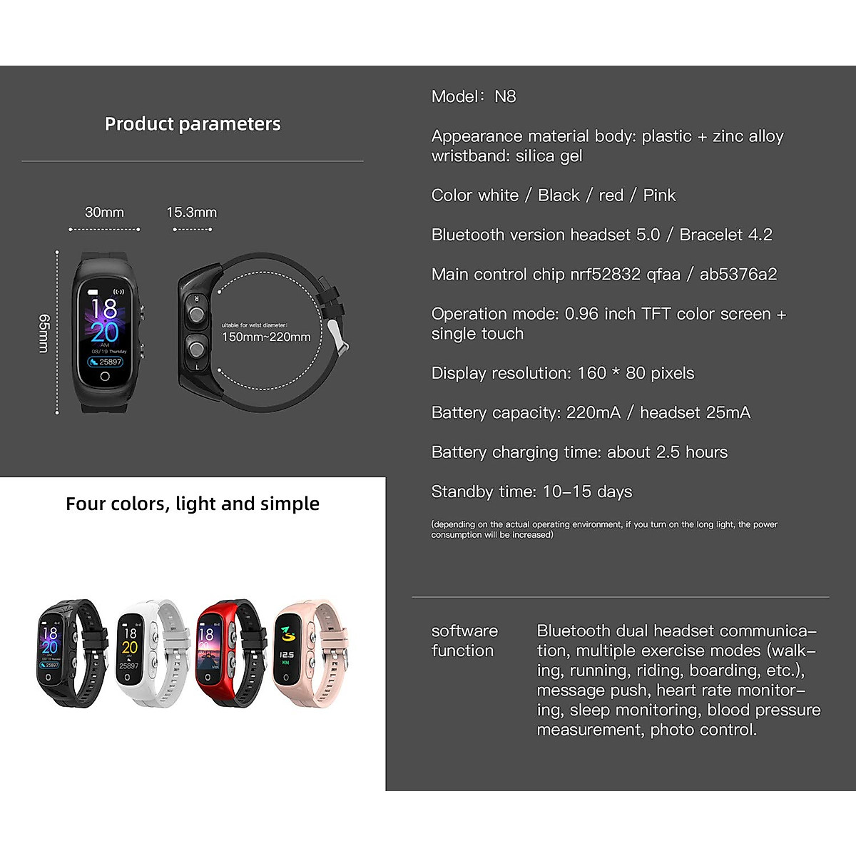 N8 2 in 1 Smartwatch with Earbuds Smart Bracelet TWS Wireless Bluetooth Headset Combo Bluetooth Call Heart Rate Blood Pressure Sleep Monitor Women Men Sport Fitness Tracker (Black)