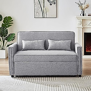 3-in-1 Convertible Upholstered Loveseat Sofa Couch with Pull-Out Sleeper Bed,2-Seat Futon Lounge Recliner Sofá Chair with Adjustable Reclining Backrests,Lumbar Pillows and Side Pockets for Living Room