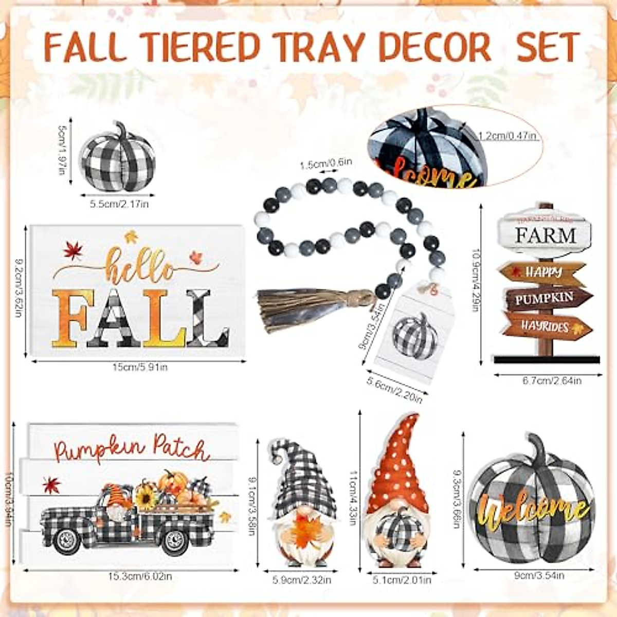 Soaoo 12 Pieces Fall Tiered Tray Decorations Set Wooden Hello Fall Pumpkin Gnome Truck Trays Signs for Autumn Holiday Thanksgiving Home Rustic Farmhouse Table Kitchen Decor (Black and White)