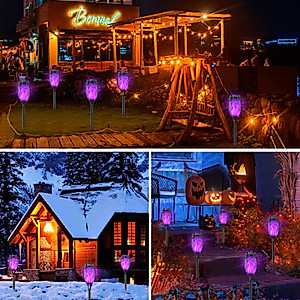 COCOMOX Halloween Decorations Outdoor, 12 Pack Purple Solar Lights Outdoor Waterproof 12 LED Mini Tiki Torch Lights with Flickering Flame for Outside Landscape Garden Pathway Dusk to Dawn Auto On/Off