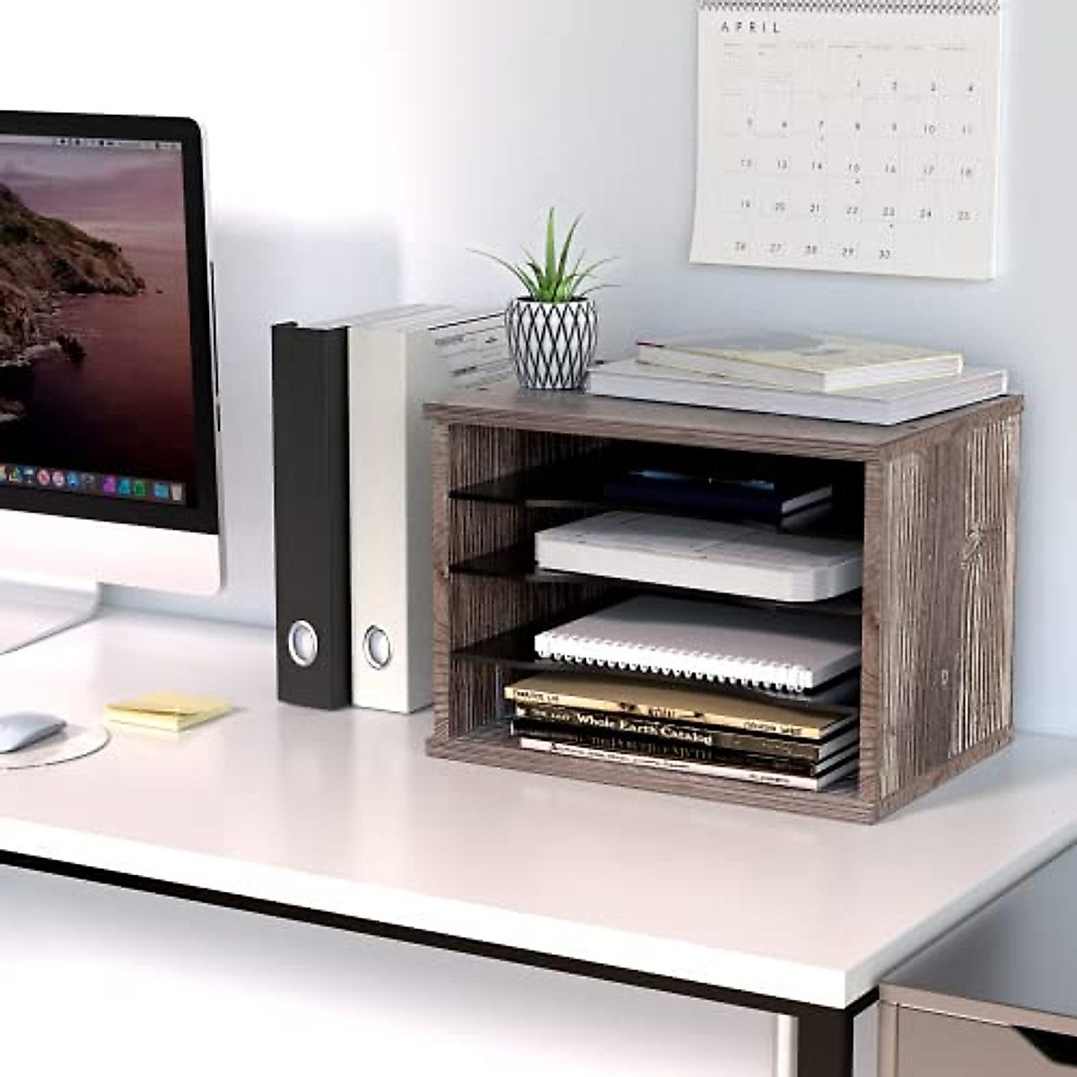 J JACKCUBE DESIGN Rustic Wood Desk Organizer 4 Compartment Paper File Holder for Home and Office, Document Storage, File sorter, Mail and Letter Tray- MK560A
