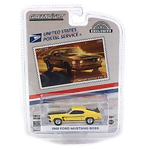 1969 Boss 302 Yellow with Black Hood and Stripes 2022 Pony Car Stamp Collection Hobby Exclusive Series 1/64 Diecast Model Car by Greenlight 30373
