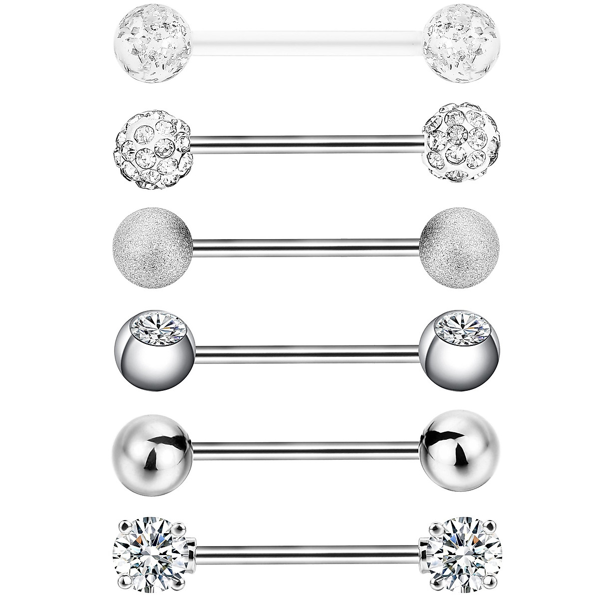 Sumind 6 Pairs Nipple Bars Surgical Stainless Steel Piercing Barbell Ring Tongue Ring Cubic Zirconia Nipple Rings Body Piercing Jewelry, 14 Gauge