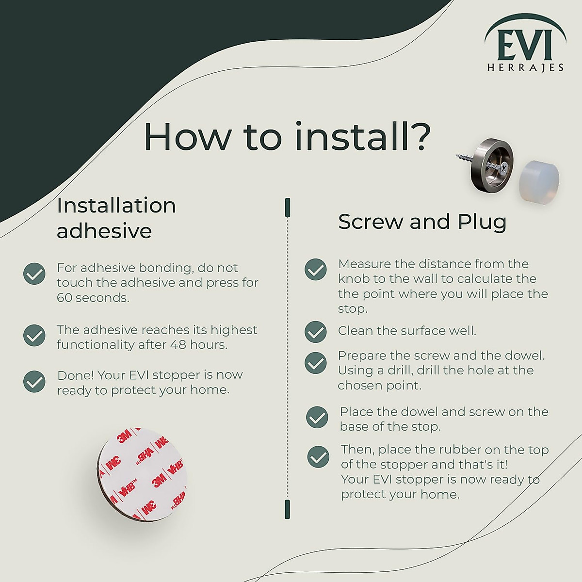 EVI | Wall/Handle Adhesive Doorstop | 0.9'' X 0.55'' | White Rubber | V2A Stainless Steel | Matte Finish | Includes Screw + Clamping Anchor | Mod. I-205/24