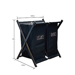 Rae Dunn Folding Laundry Hamper - Two Section Clothes Bin for Easy Divide of Lights and Darks - Foldable Basket for Bedroom, Bathroom, Nursery, Dorm - Metal and Black Fabric Home Décor