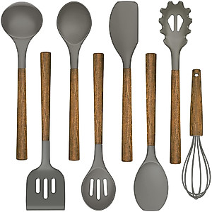 Umite Chef Silicone Cooking Utensil Set, 8-Piece Kitchen Utensils Set with Natural Acacia Wooden Handles,Food-Grade Silicone Heads-Silicone Kitchen Gadgets and Spatula Set for Nonstick Cookware - Grey