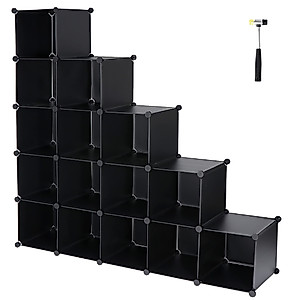 SUPER DEAL Cube Storage Organizer Shelf 16 Cubes Shoe Rack Bookcase Display Shleves Plastic DIY Modular Cabinet Closet with Metal Hammer for Home Bedroom, Living Room, Bathroom, Office, Black
