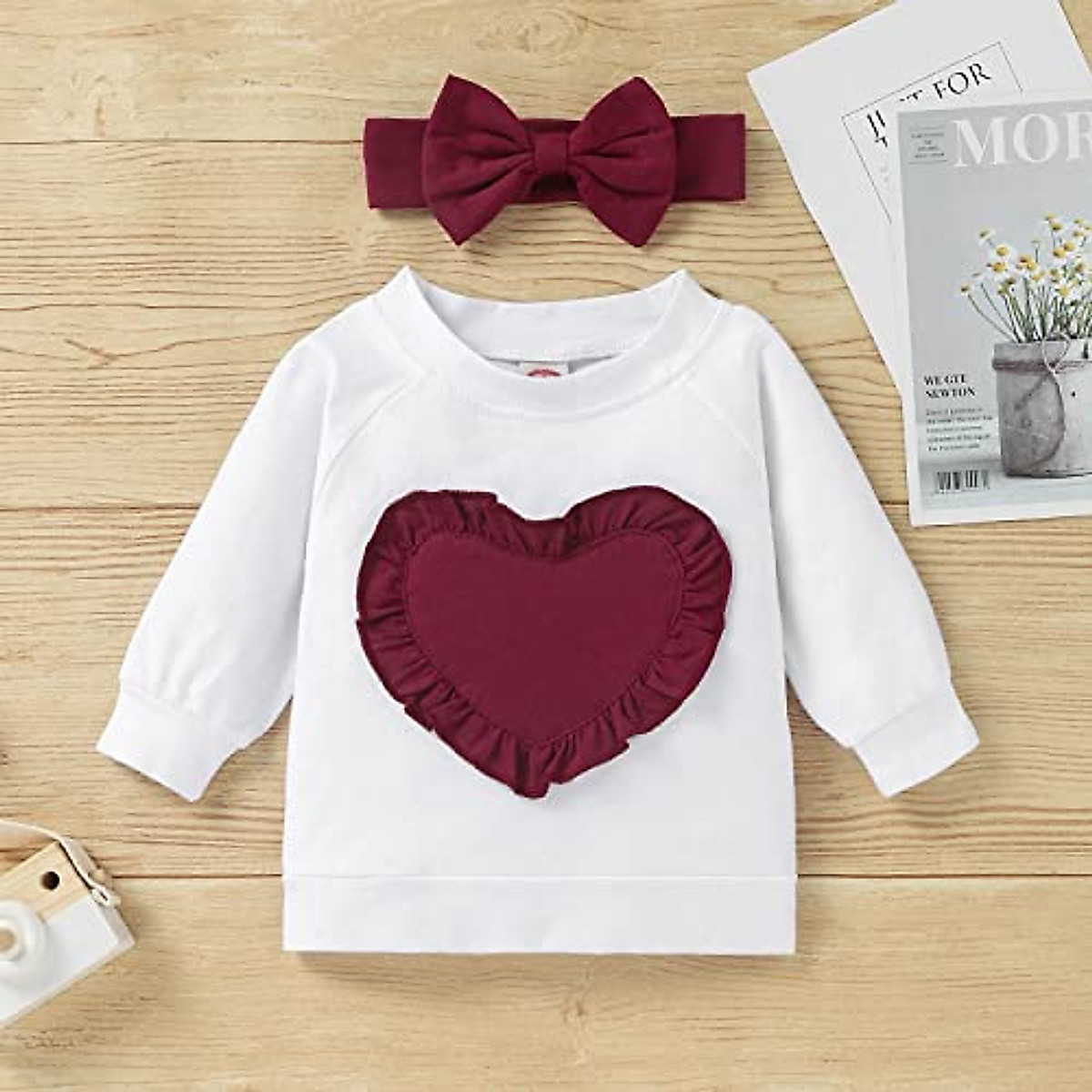 Dimoybabe Baby Girl Clothes Infant Outfits Set 3 Pieces Long Sleeve Sweatshirt Love Heart + Ruffle Pants + Headband 3-6 Months, Red