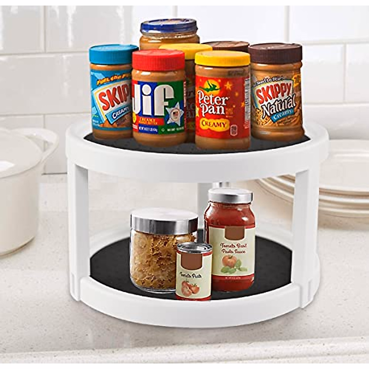 HOME-X Two-Tier Lazy Susan, Nonskid Turntable, Rotating Organizer for Pantry, Kitchen Counter, or Table, 9 ¾" D x 6" H, White