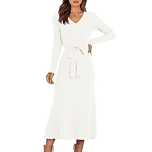 ANRABESS Sweater Dresses for Women 2023 Fall Long Sleeve Ribbed Knit V Neck Tight Tie Waist Cute Comfy Holiday Warm Winter Midi Bodycon Dress with Belt 994mibai-M White