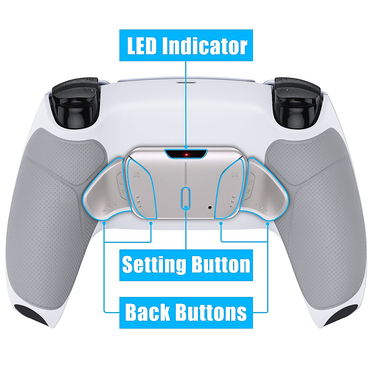 eXtremeRate Silver Real Metal Buttons (RMB) Version RISE4 Remap Kit for PS5 Controller BDM-010 020 w/Gray Rubberized Grip White Redesigned Back Shell, Upgrade Board, 4 Back Buttons for PS5 Controller