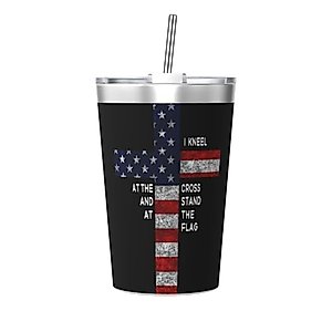 12oz Tumbler I Stand For The Flag I Kneel For The Cross Stainless Steel Cup With Straw And Lid Spill Proof Bulk Double Wall Vacuum Reusable Water Tumblers For Cold Hot Drink