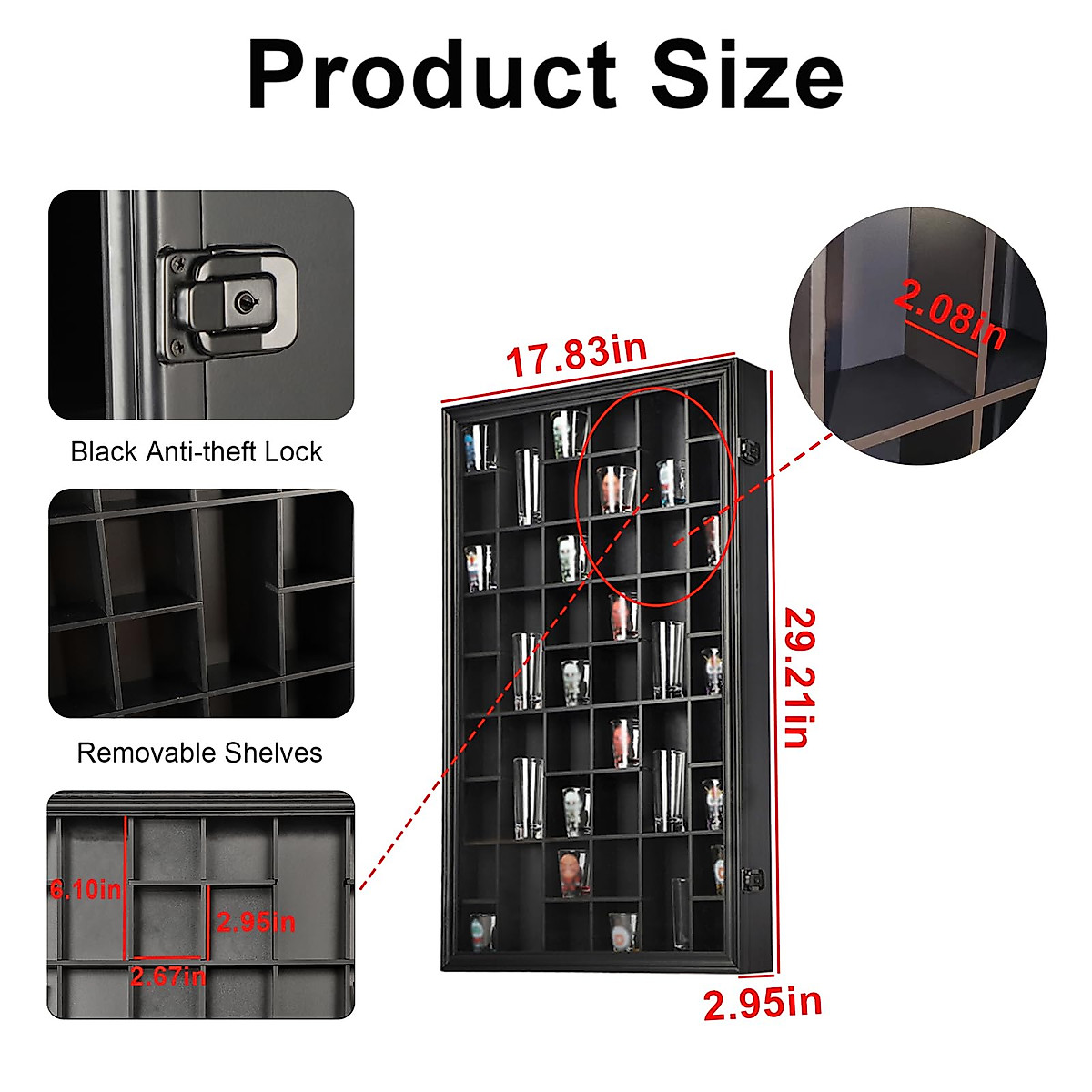 Sboitflmm Shot Glass Display Case - 46 Shot Glass Holder - Shot Glass Shelf Wall Mount Wooden Lockable with Removable Shelves for Collection Shot Glass UV Protection Acrylic Glass Door, Black