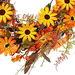 Fall Front Door Wreath,20” Artificial Floral Wreath with Orange Daisies and Foliage,Autumn Wreath with Small Pumpkin and Berry for Home Wall Window and Thanksgiving Decor-Beautiful Gift Box Included